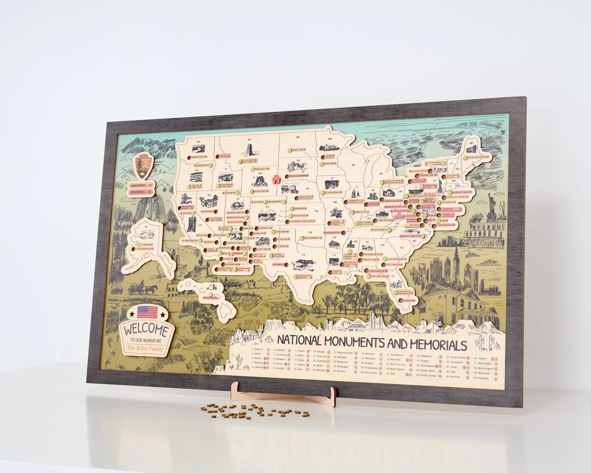US National Monuments Map | Wooden Travel Map of national parks and ...