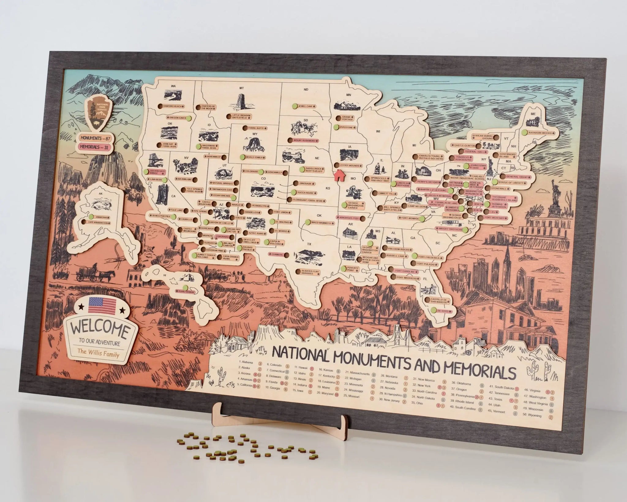 US Wooden National Monuments & Memorials Travel Map With Pins To Record ...