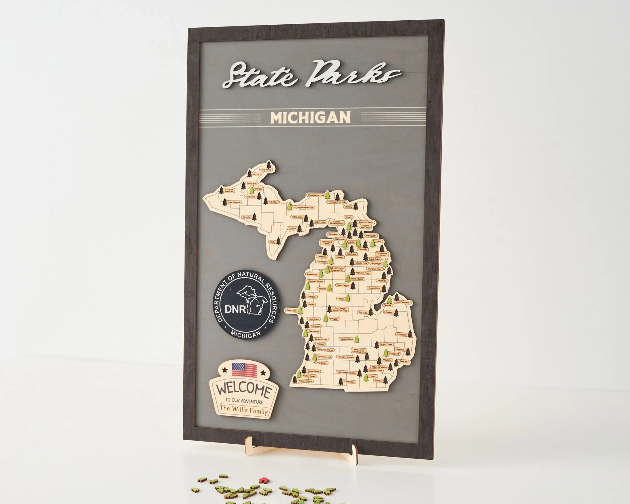 US Wooden Michigan State Parks Map With Trees To Record Park Visits ...