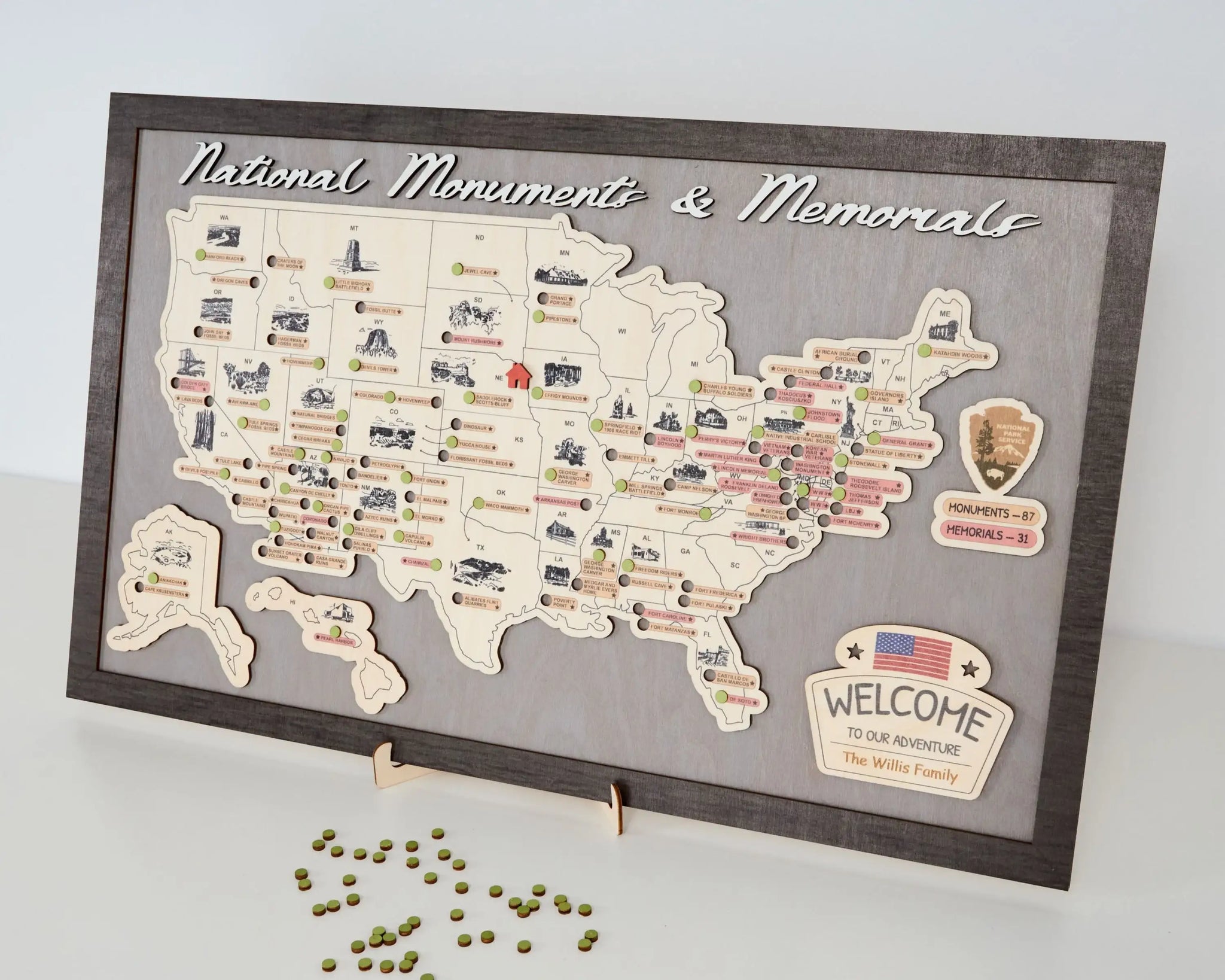 US National Monuments & Memorials Map: Wooden Map of America’s Historic ...
