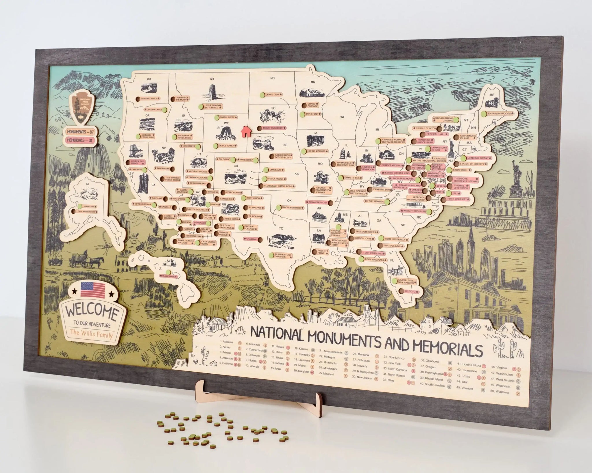National Monuments & Memorials Map USA: Wooden Wall Map