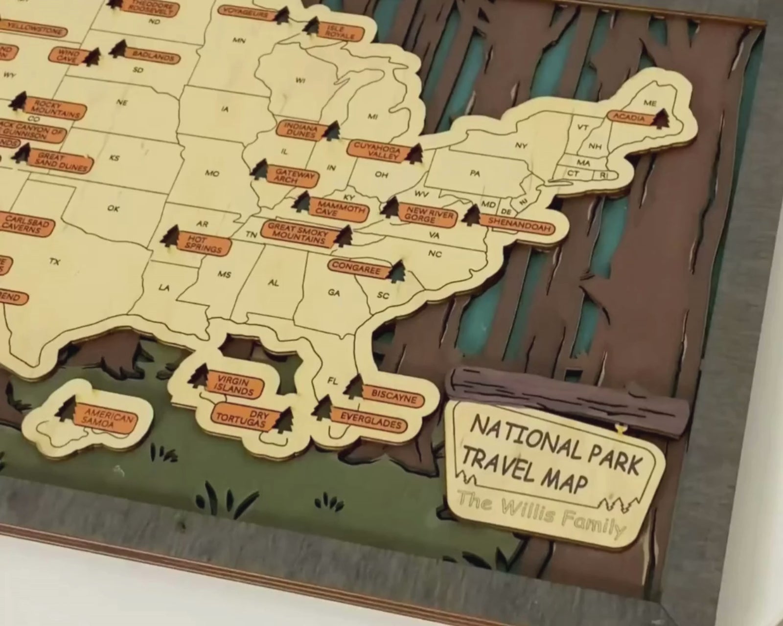 US 3D Wooden National Parks Travel Map With Trees To Record Park Visits ...