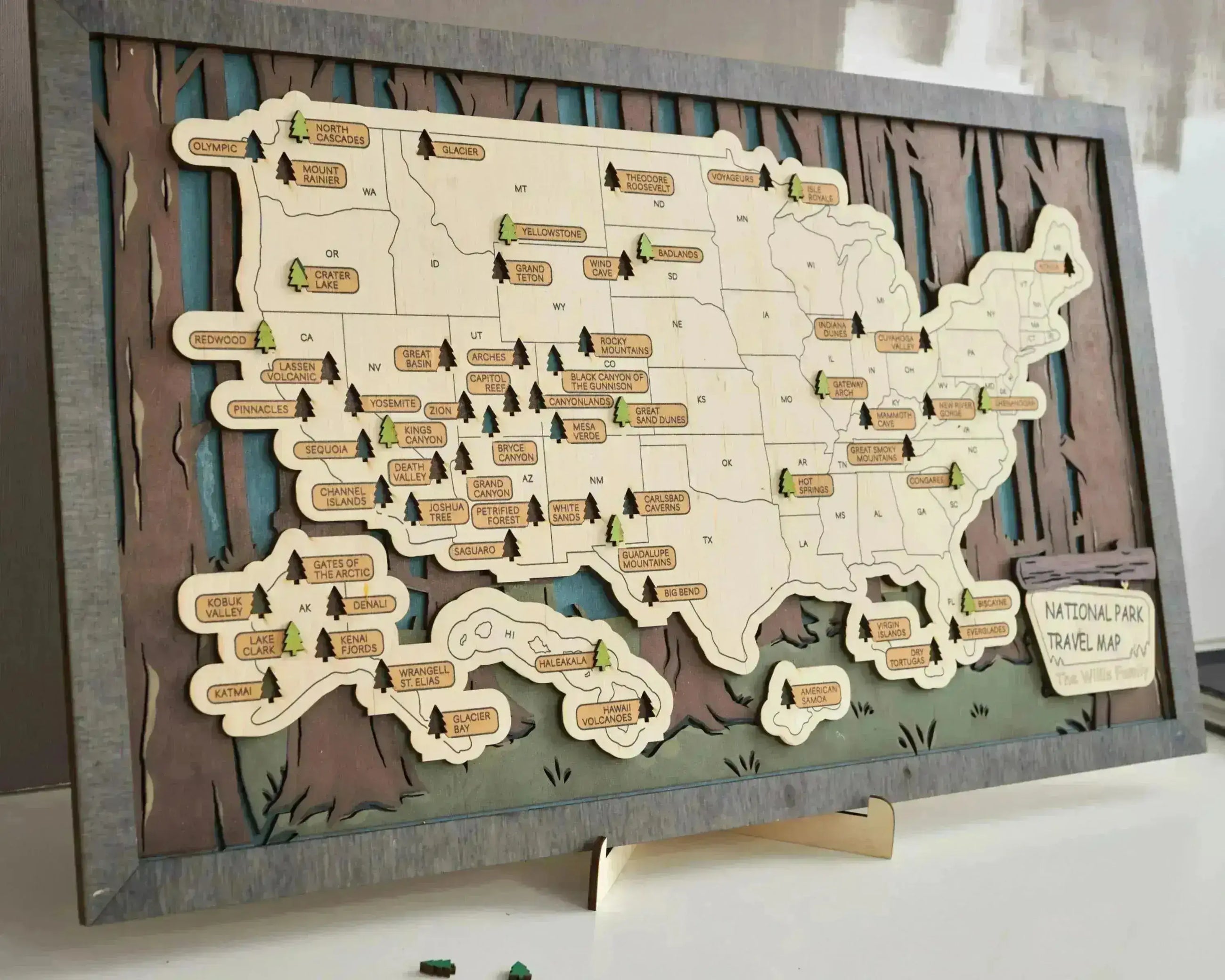 US 3D Wooden National Parks Travel Map With Trees To Record Park Visits ...
