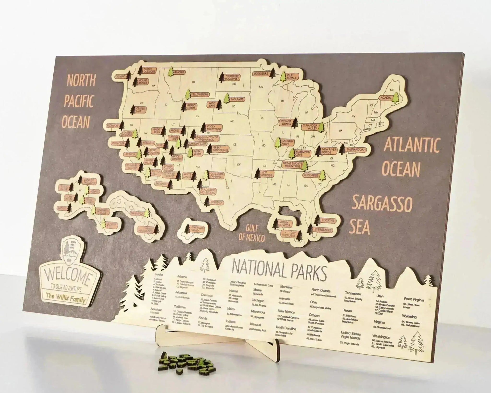 US 3D Wooden National Parks Travel Map With Trees To Record Park Visits ...
