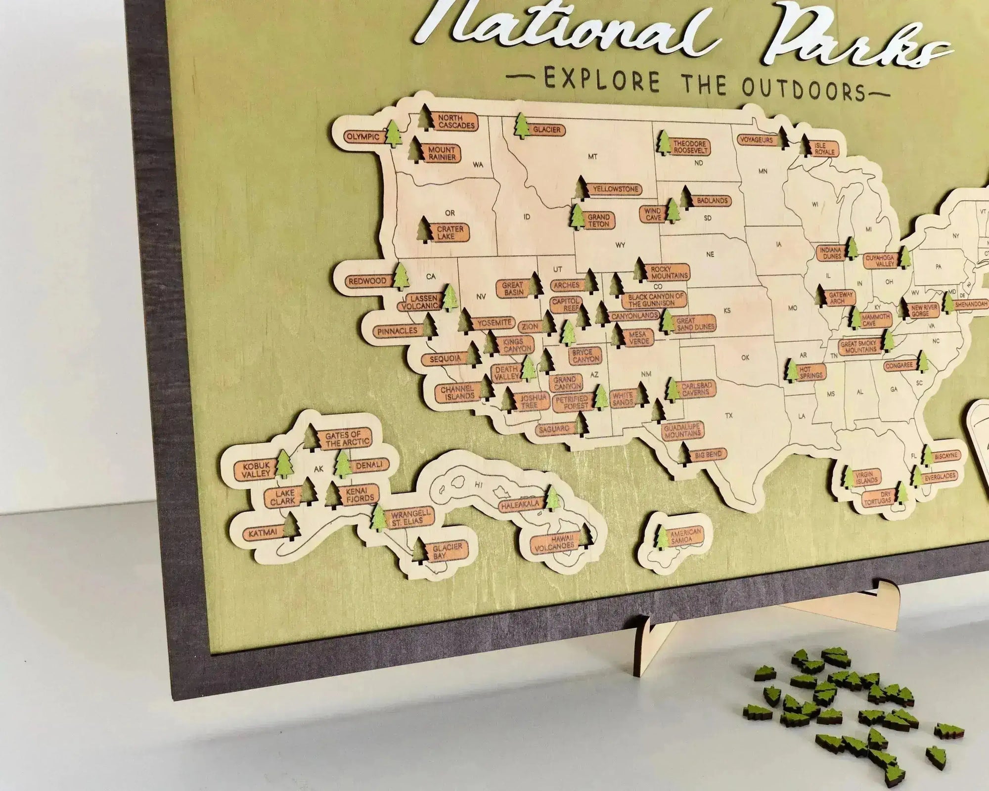 US Wooden National Parks Travel Map With Trees To Record Park Visits ...