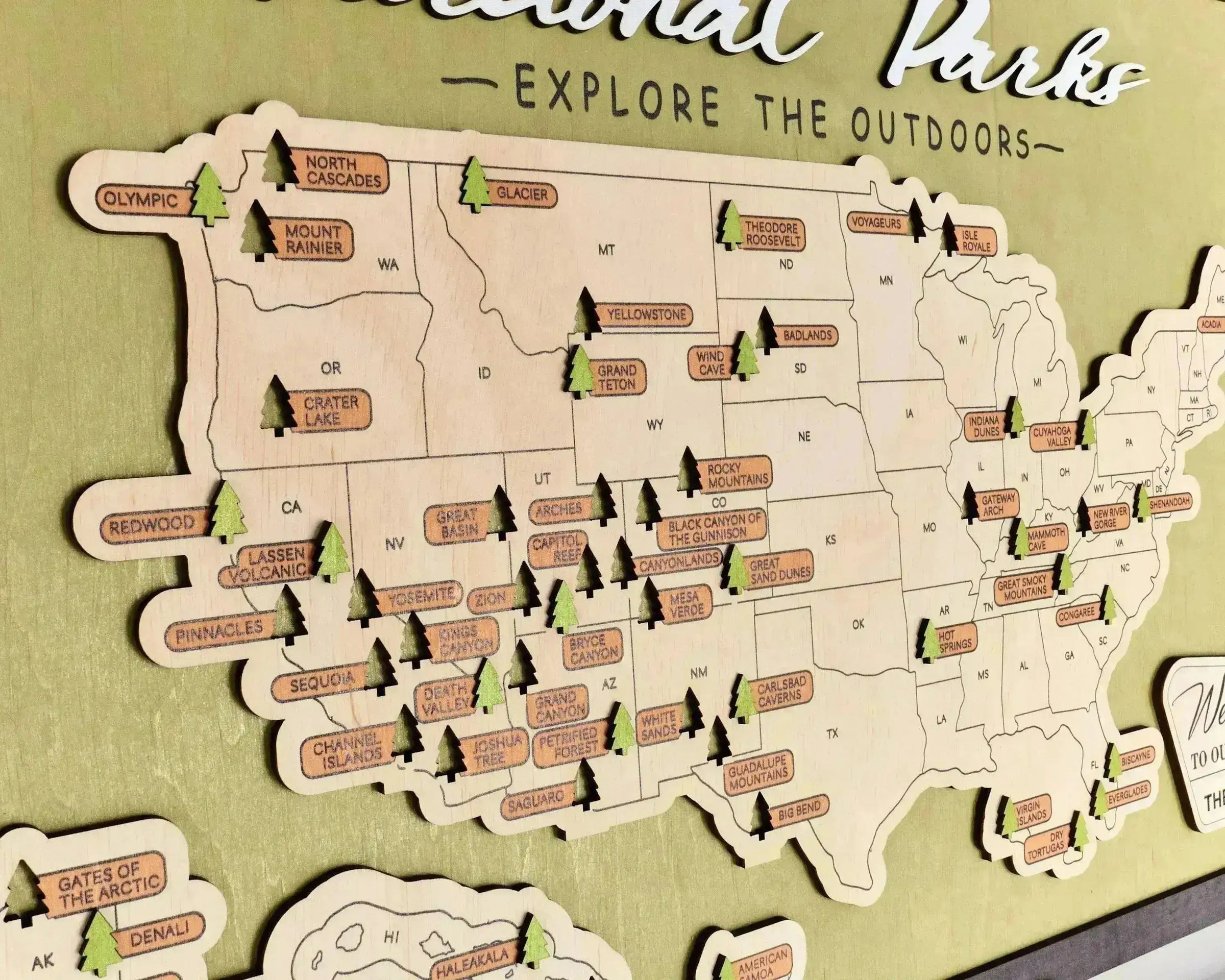 US Wooden National Parks Travel Map With Trees To Record Park Visits ...