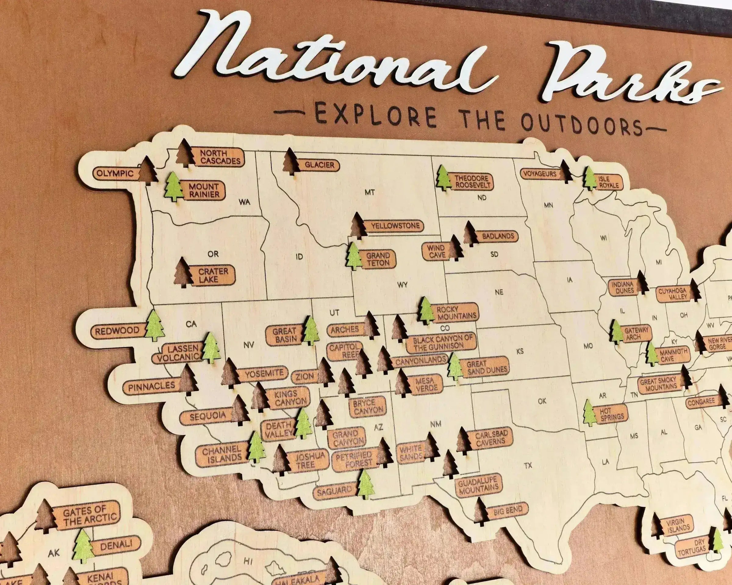 US Wooden Map Of National Parks With Trees To Record Park Visits ...