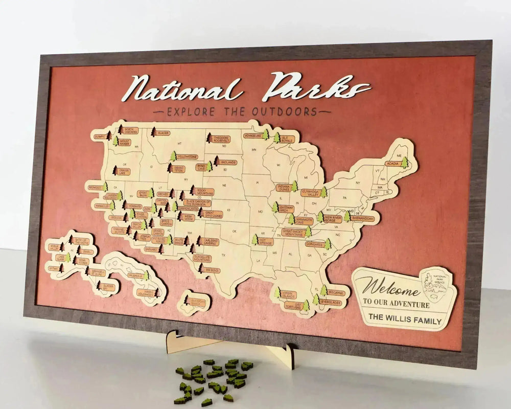 US Wooden National Park Maps With Trees To Record Park Visits (Red) | Lemap