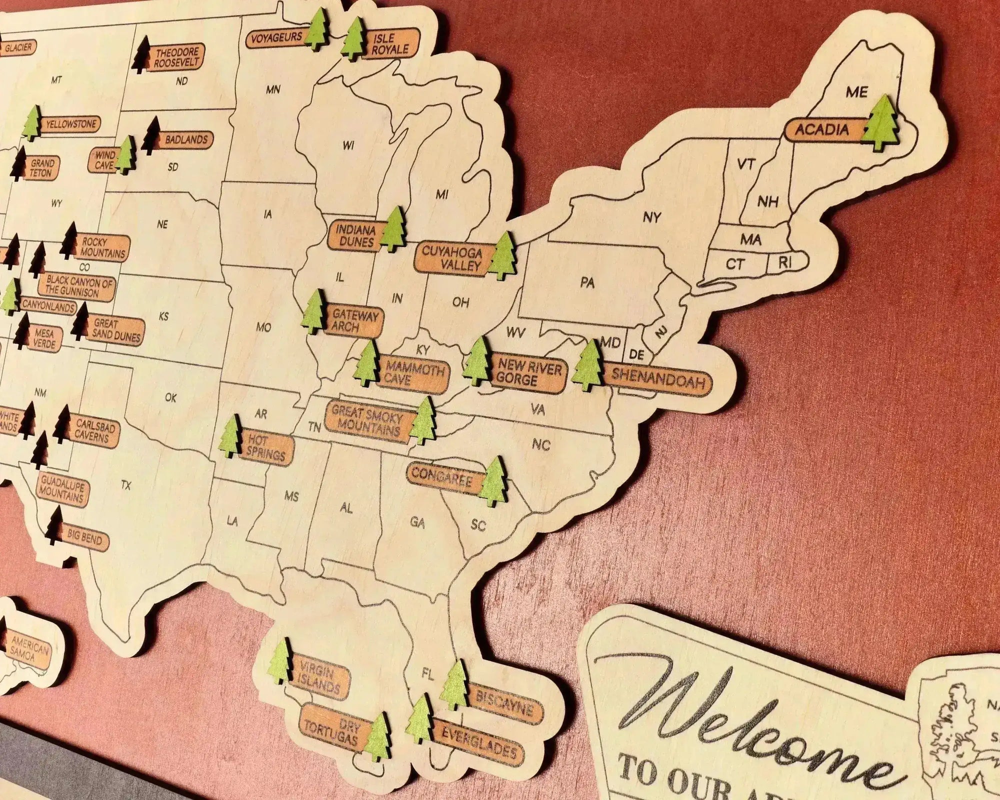 US Wooden National Park Maps With Trees To Record Park Visits (Red) | Lemap
