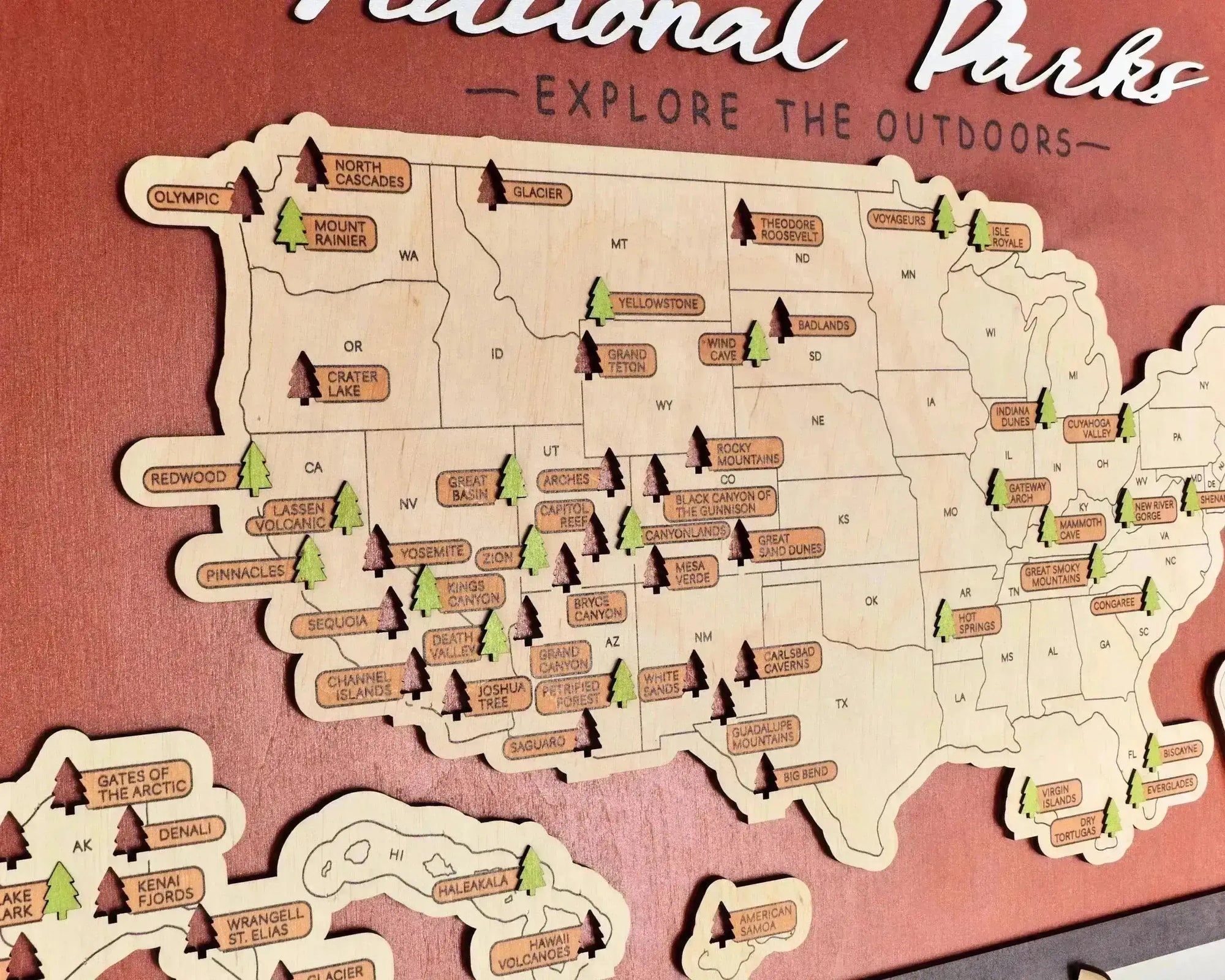 US Wooden National Park Maps With Trees To Record Park Visits (Red) | Lemap